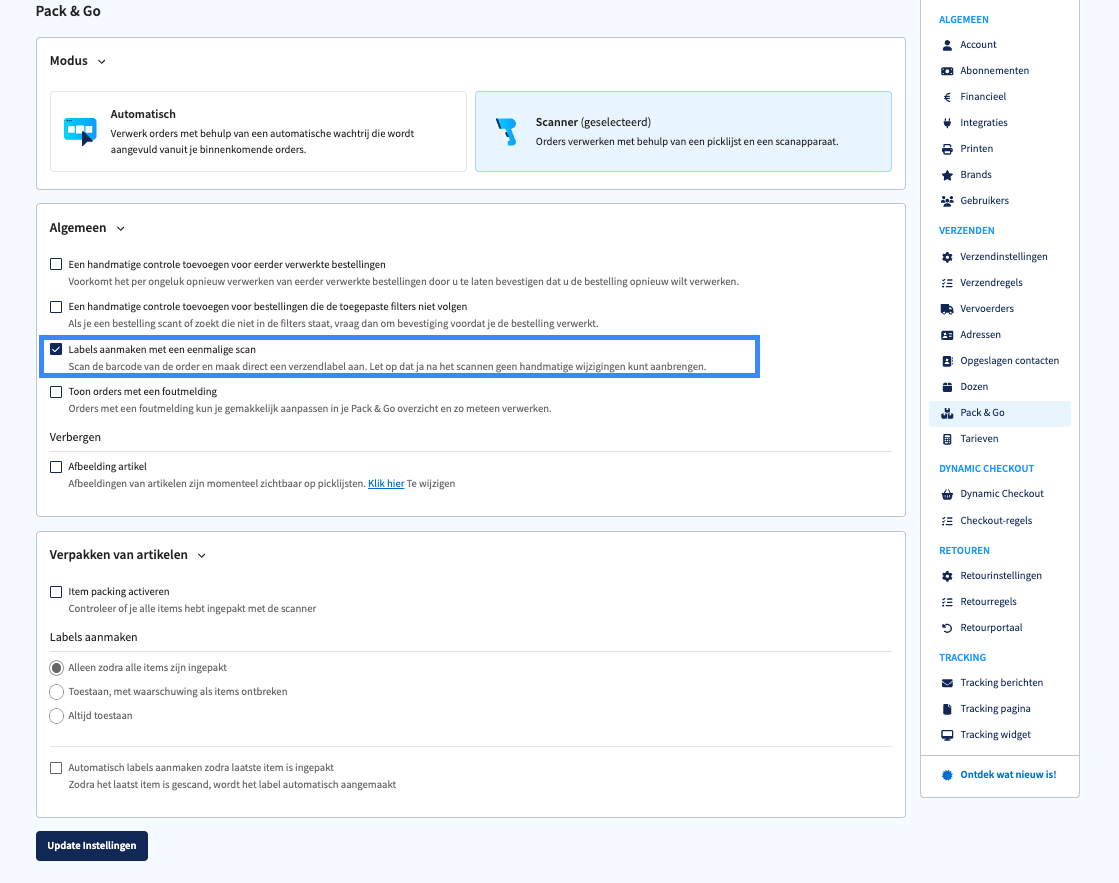 Pack & Go: single scan modus – Sendcloud Help Center