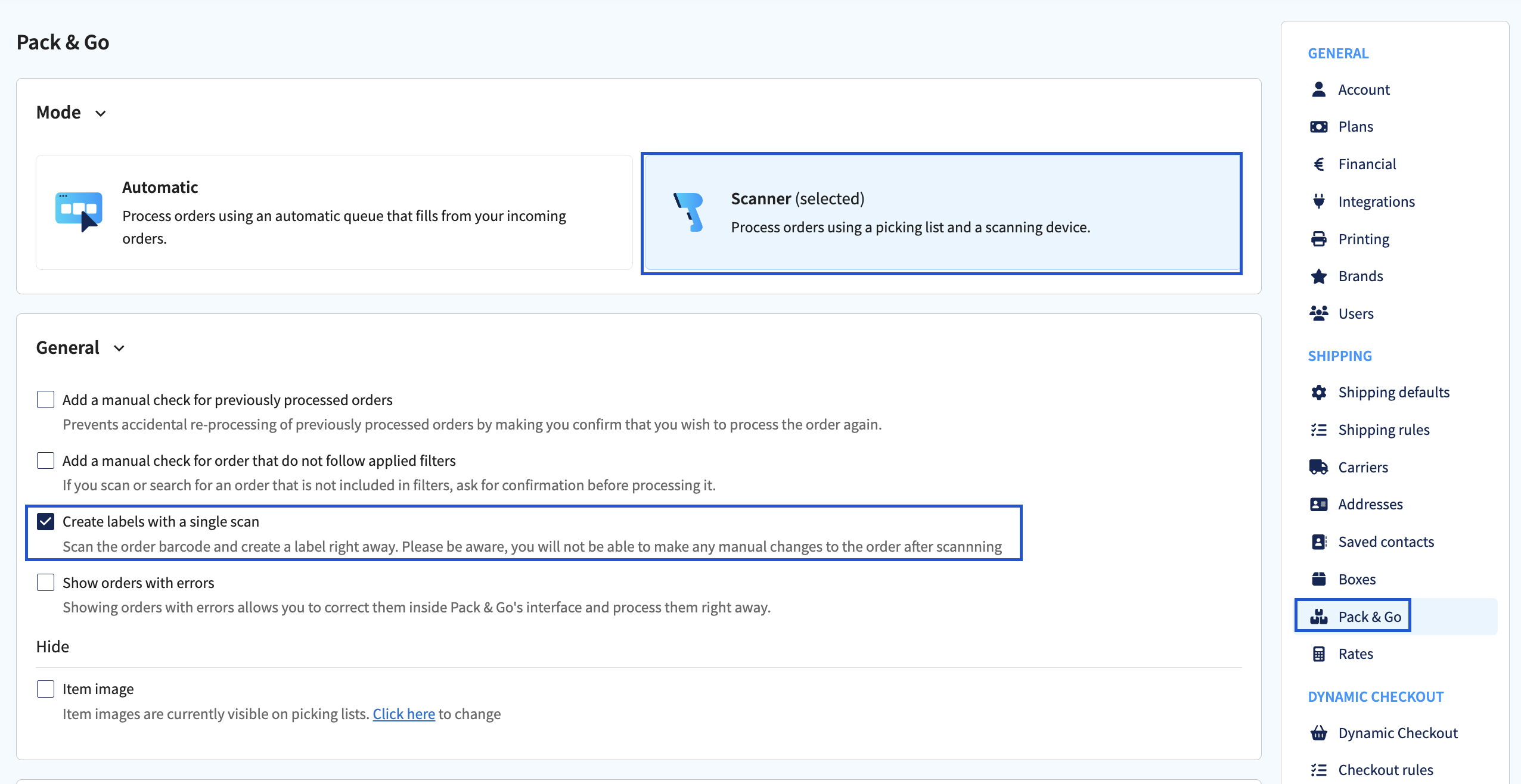 Pack & Go: single scan mode – Sendcloud Help Center